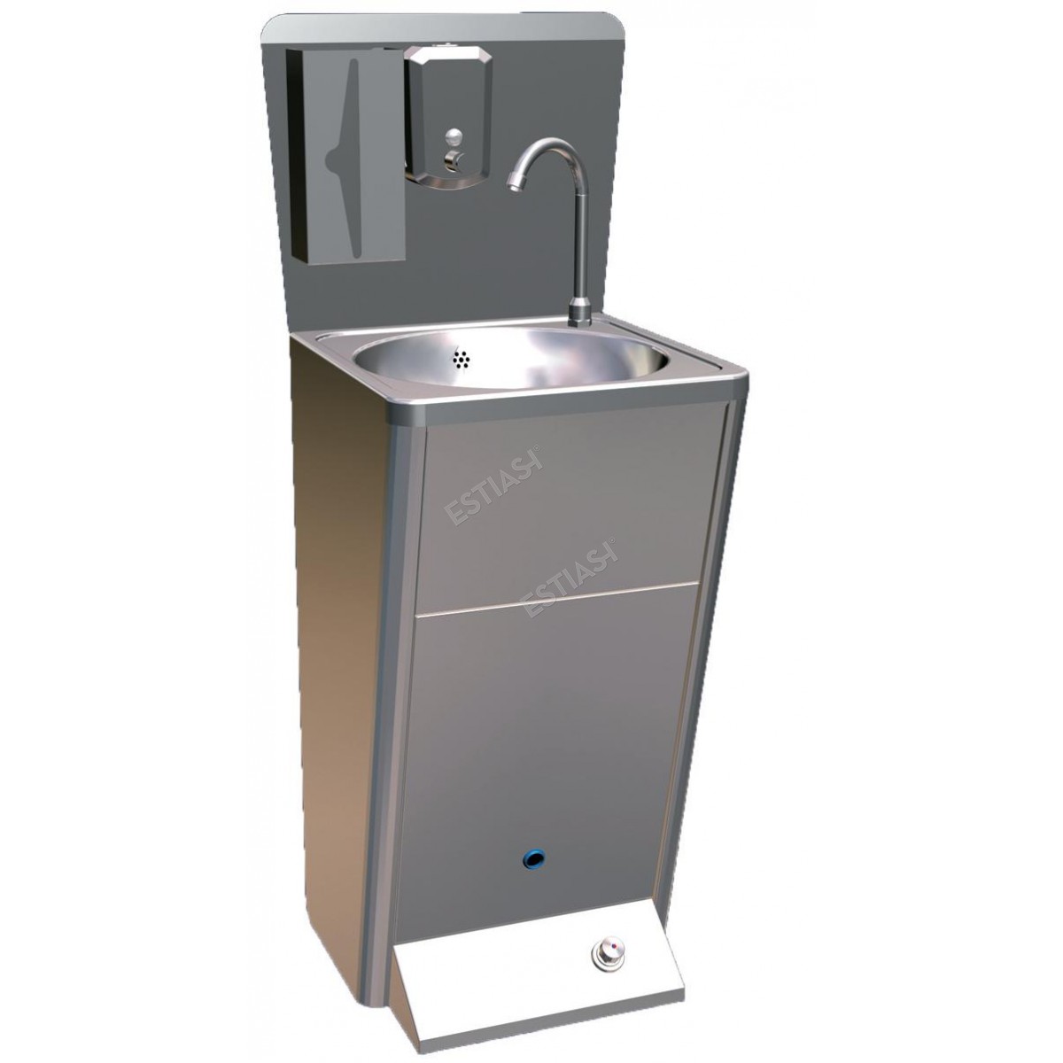 Floor-mounted hand basin with foot-operated tap